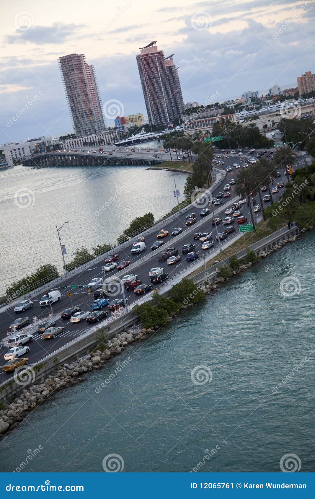 Miami Traffic and Skyline at Dusk Stock Image - Image of bridge ...