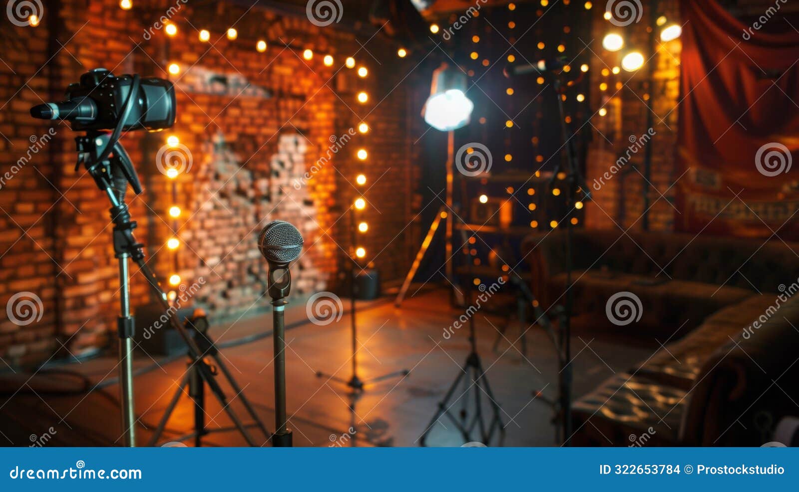Mic and Camera Setup in Brick Room Stock Photo - Image of performance ...
