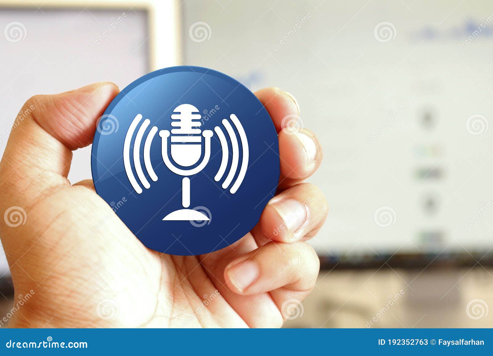 Mic Icon Blue Round Button Holding by Hand Infront of Workspace ...