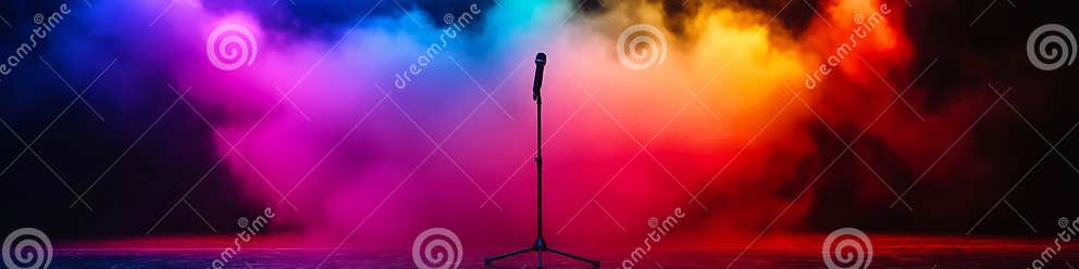 Microphone Standing on an Empty Stage with Colorful Light and Smoke ...