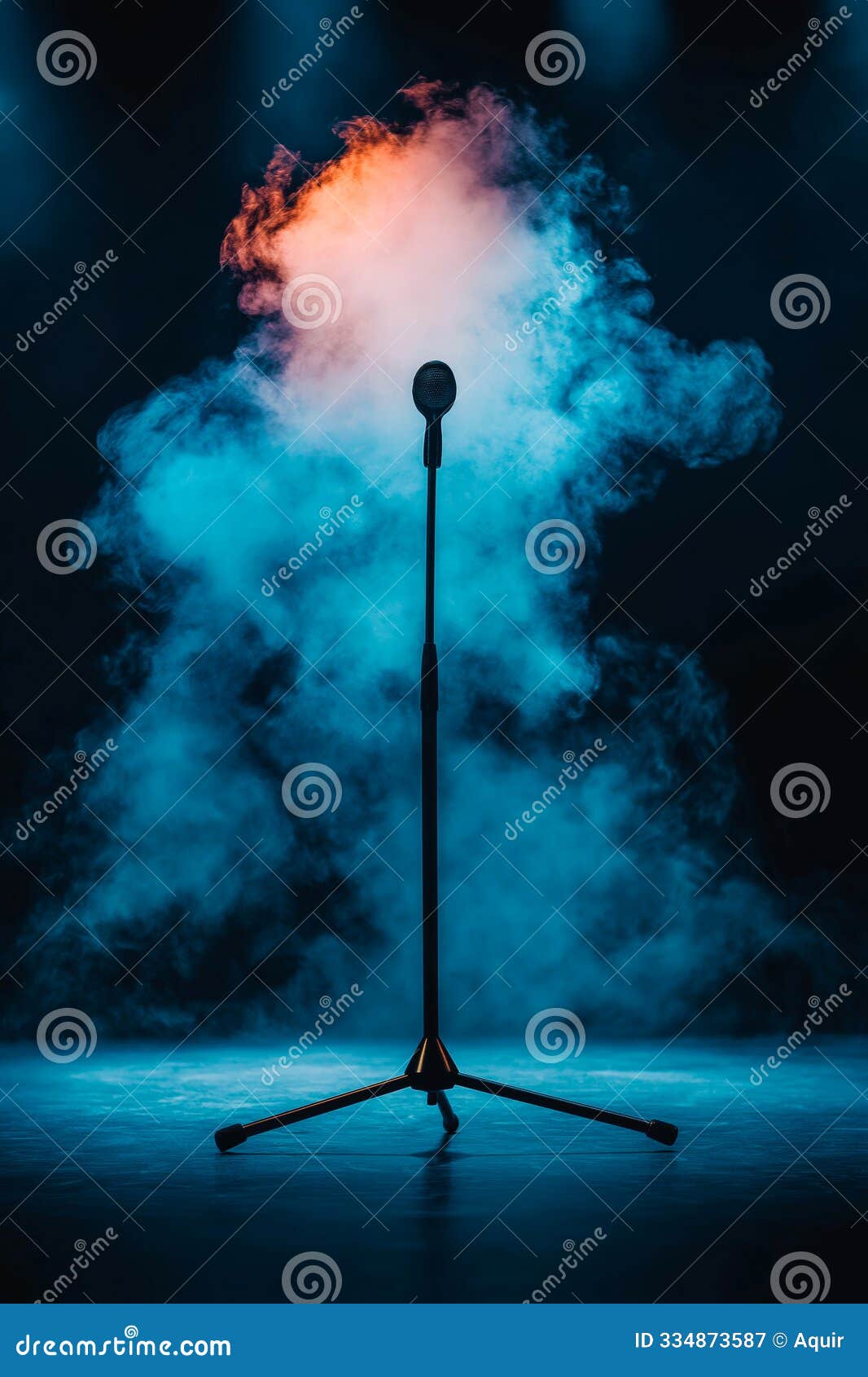 Microphone Standing on an Empty Stage with Colorful Light and Smoke ...