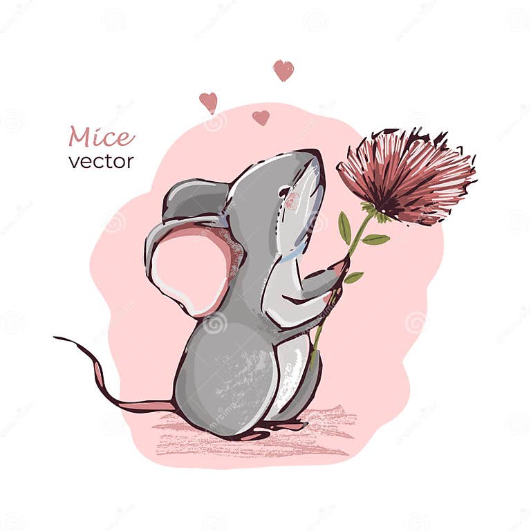 Cute Mouse with Flower. Hand Draw Vector Illustration. Stock Vector ...