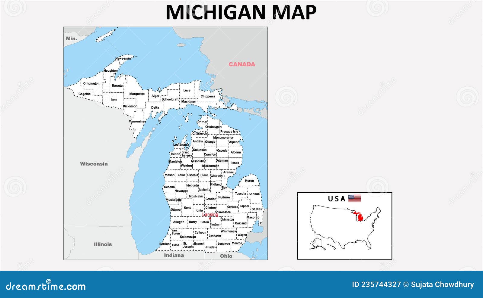 Michigan Map. Political Map of Michigan with Boundaries in White Color ...
