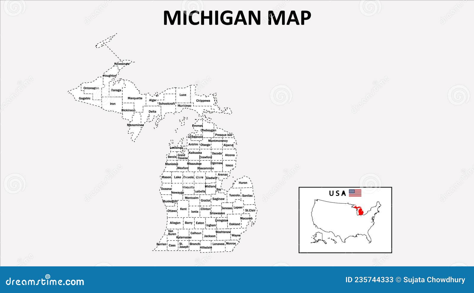 Michigan Administrative Map. Counties Map Of Michigan, Blank Map, Empty ...