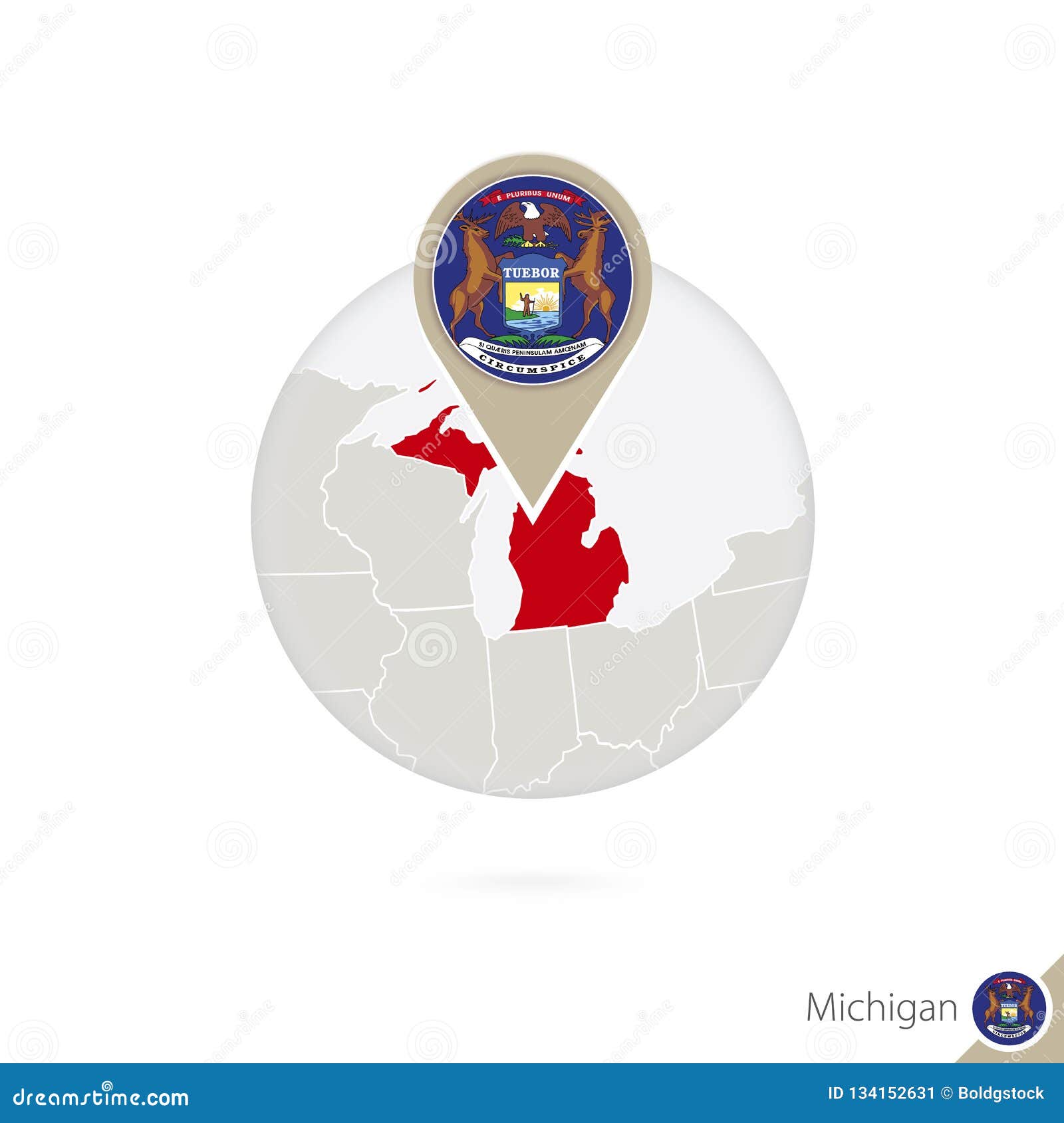 Michigan US State Map and Flag in Circle. Map of Michigan, Michigan ...