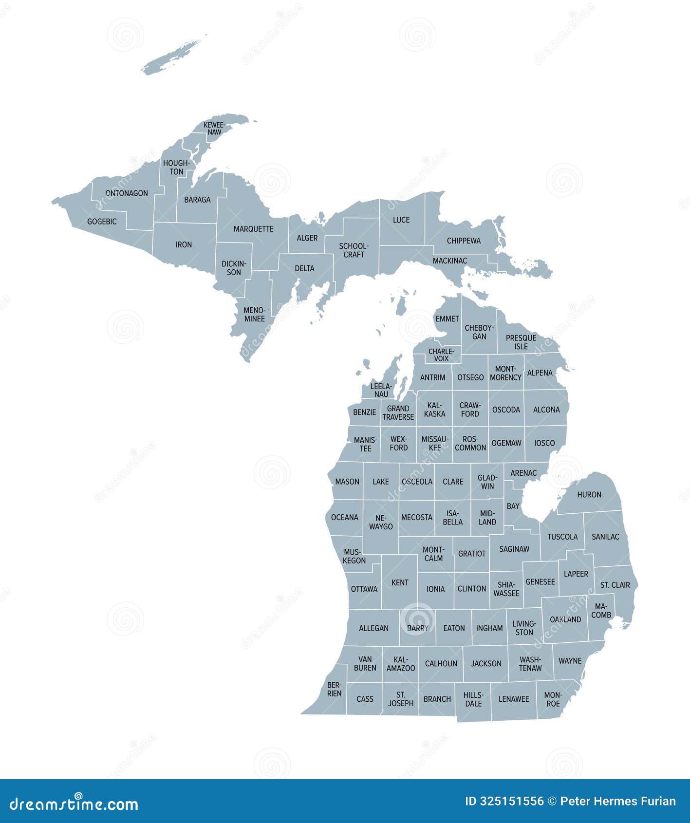 U.S. State of Michigan, Subdivided into 83 Counties, Gray Political Map ...