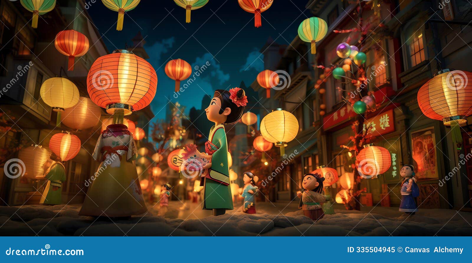 Mickey Mouse and Minnie Mouse in a Street with Lanterns Stock Image ...