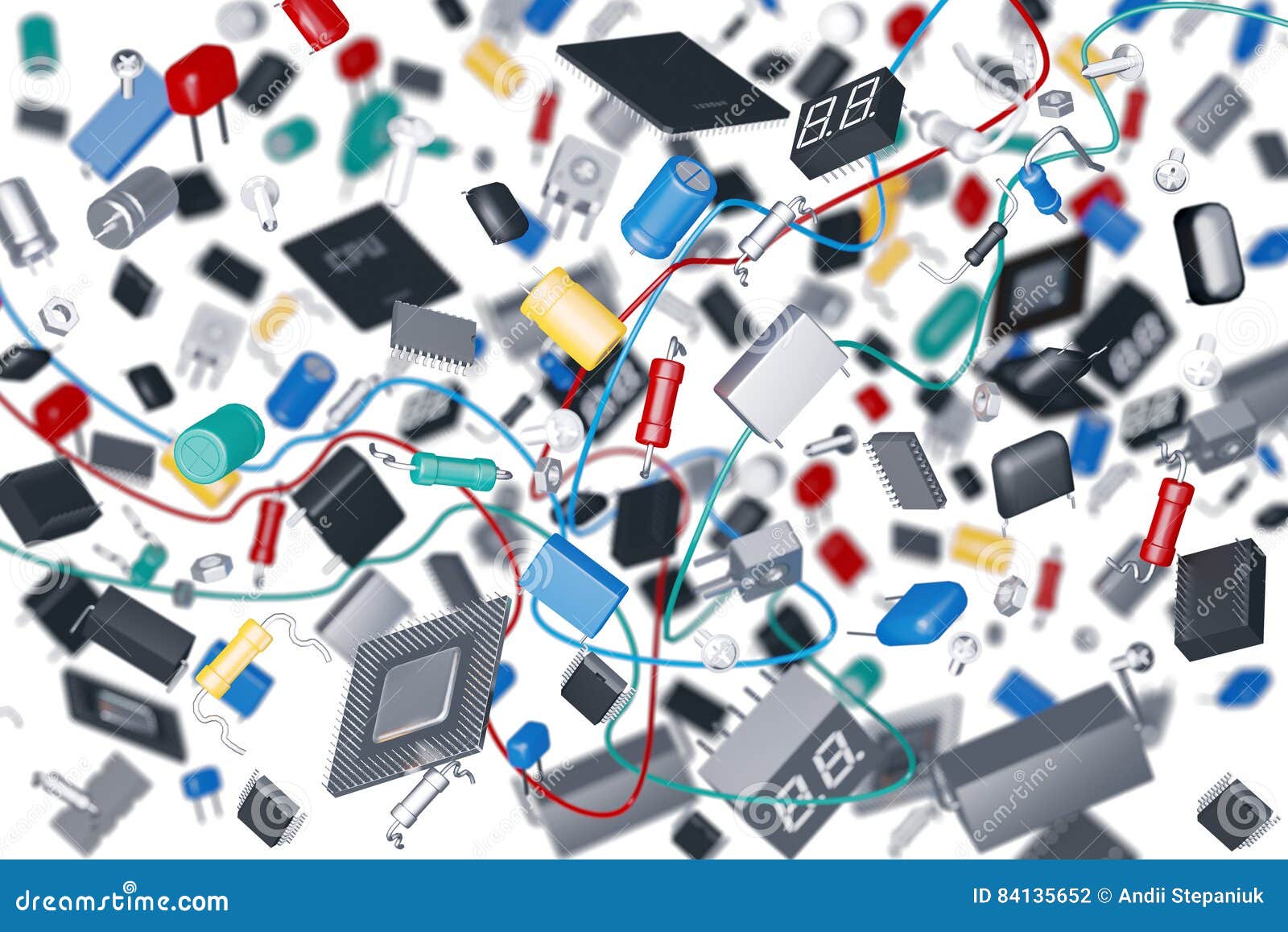 A Variety Of Electronic Components, Including Batteries, Resistors ...