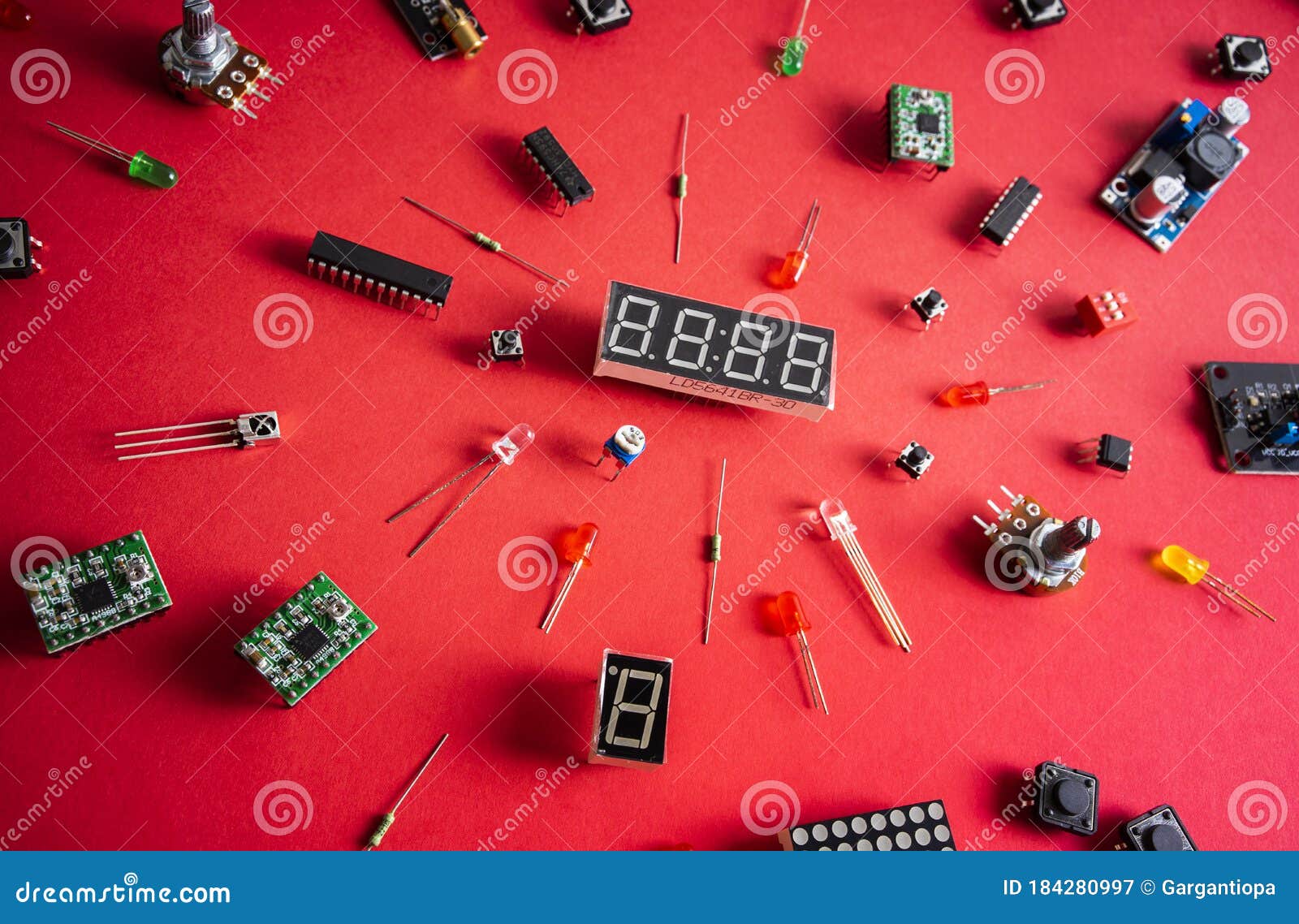 Micro Electronics Arduino DIY Components Over Red Background, Top View ...