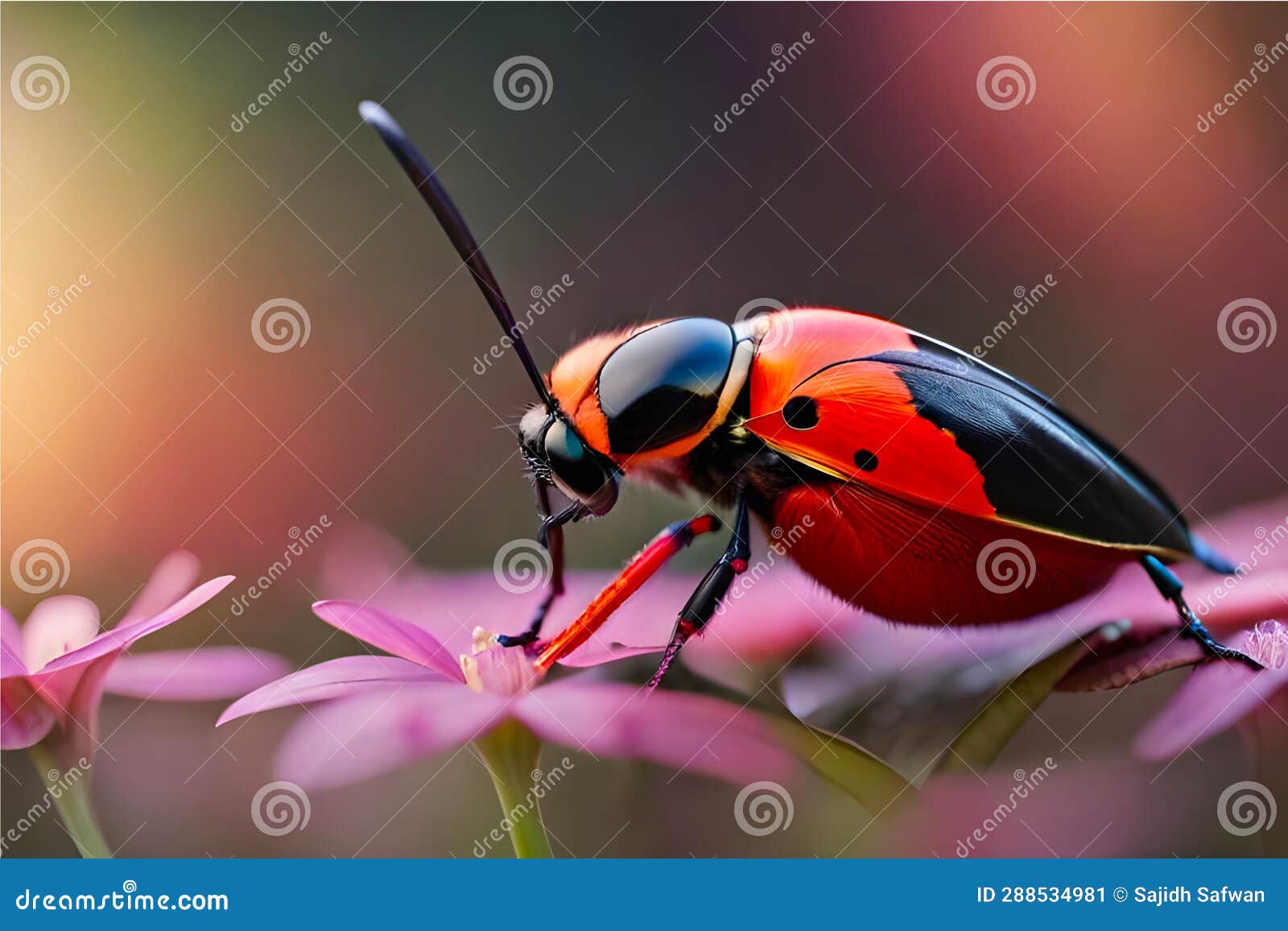 Micro Image of a Red Ladybug Sit on Pink Flowers Stock Illustration ...