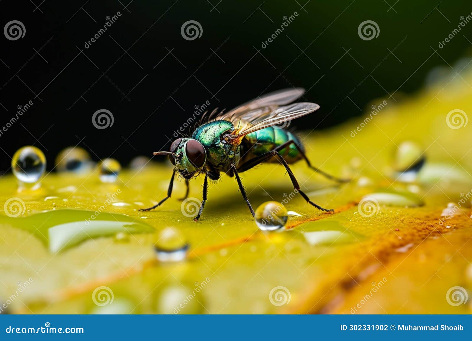 Micro Universe Tiny Fly on Green Leaf, Adorned with Waterdrops Stock ...