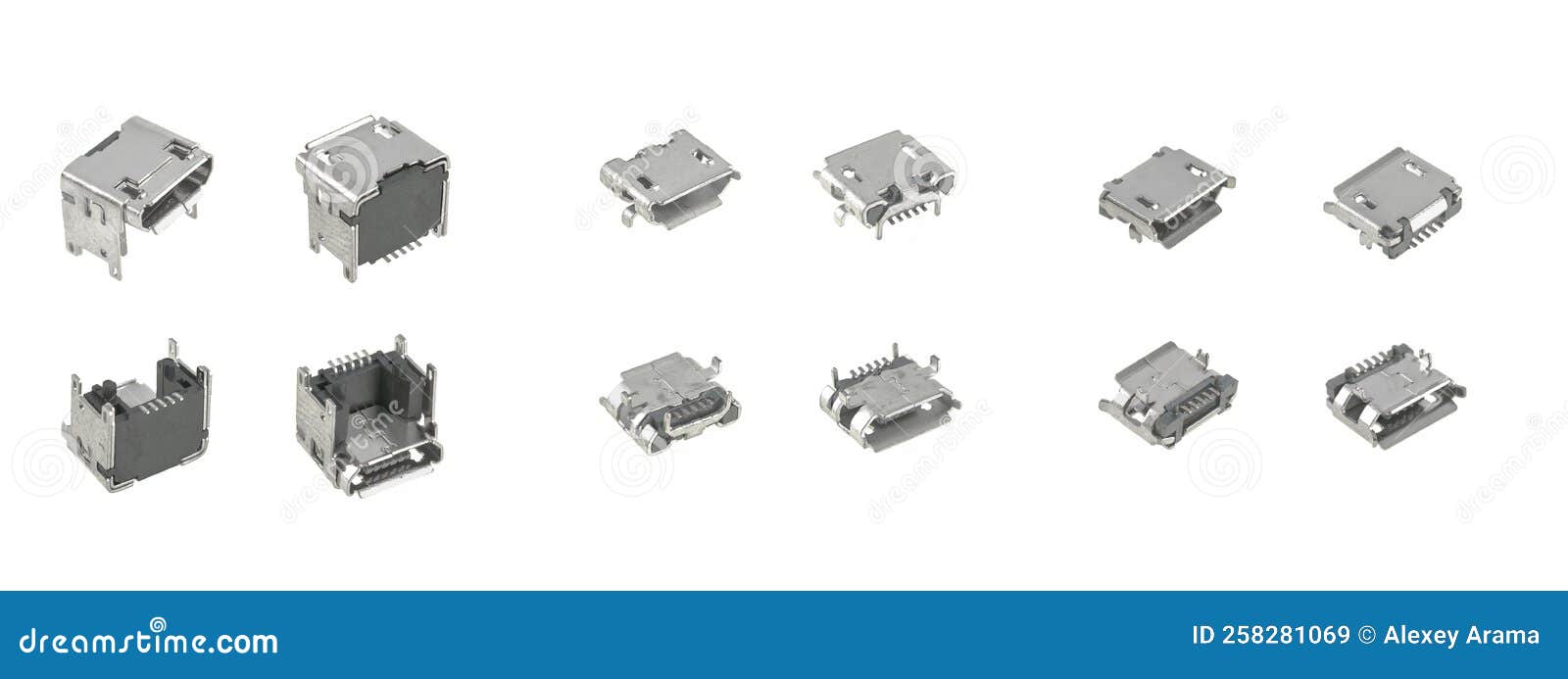 Micro-USB Connectors, View from Four Sides, on a White Background in ...