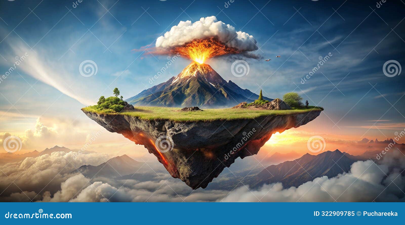 Micro World Flying Island Volcano Eruption Lava AI-Created Content ...