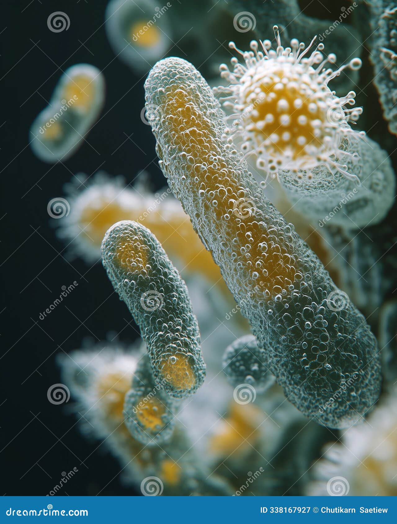 Spherical Viruses With A Jelly-like Body In The Rays Of Light On A Blue ...