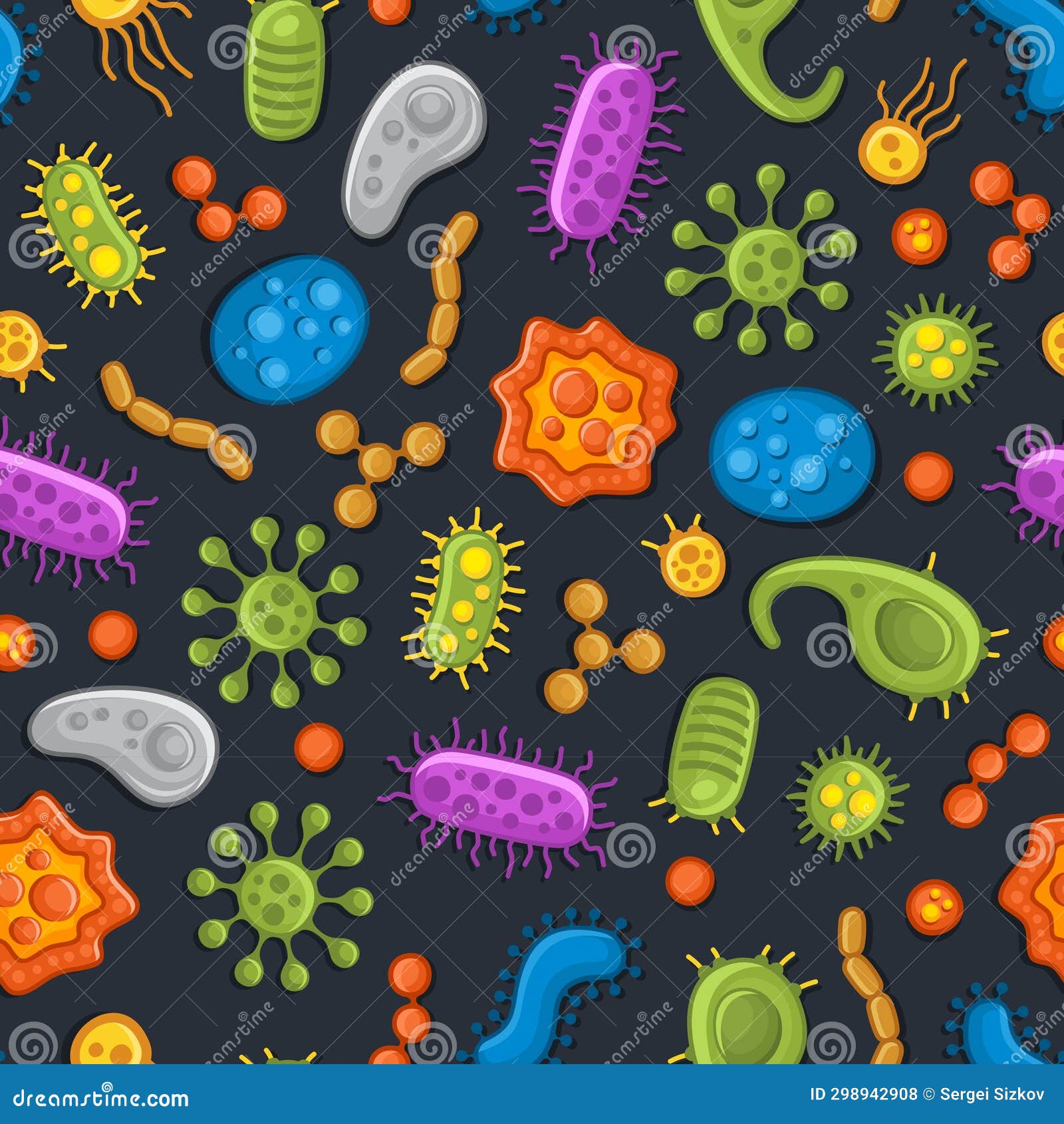 Microbes, Bacteria and Virus Seamless Pattern. Dark Background Stock ...