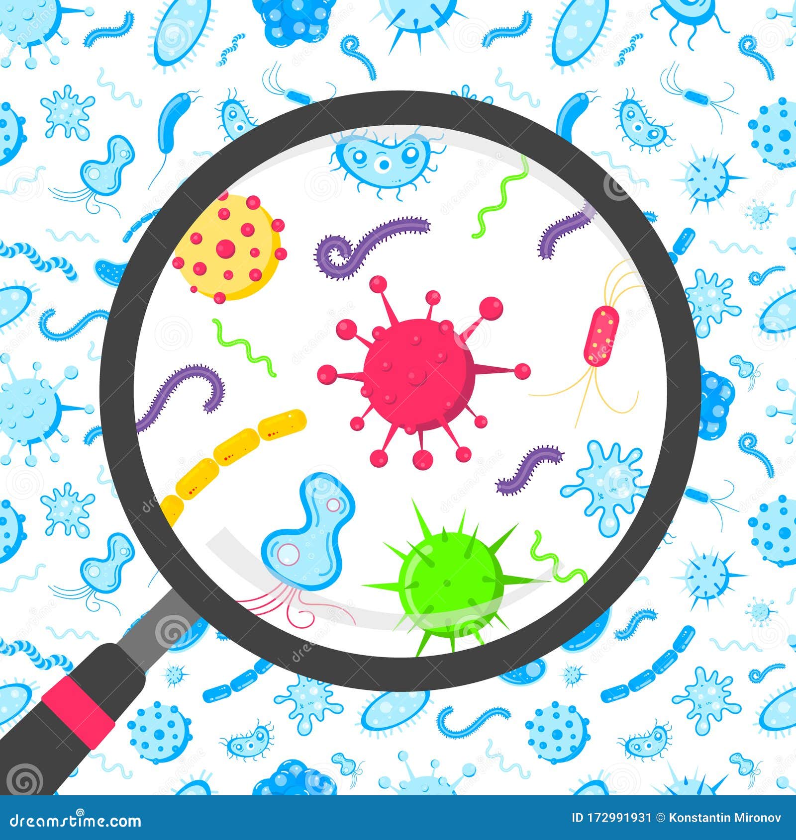 Microbes and Bacterias in the Circle Magnifier Flat Style Design Stock ...