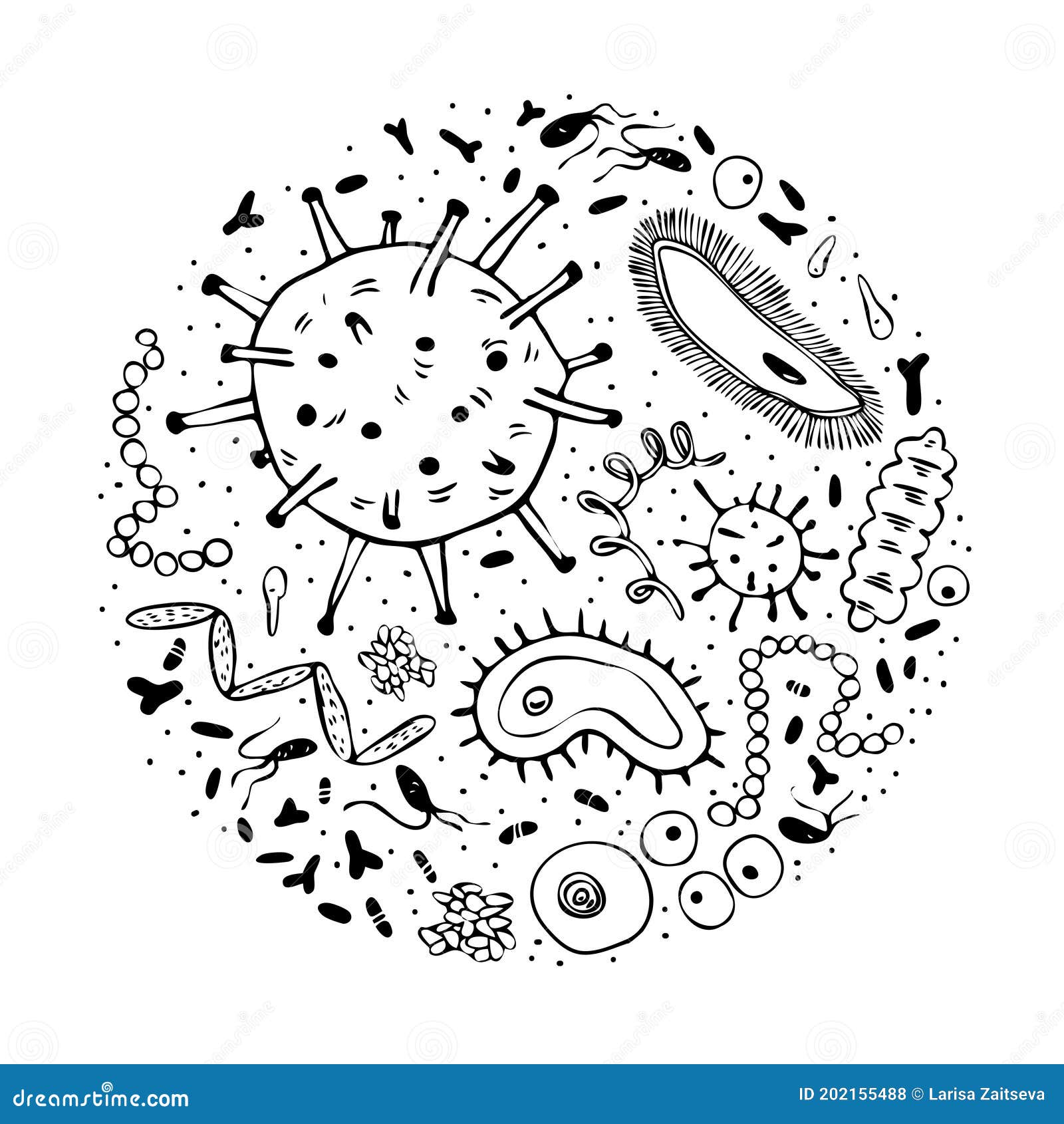 Microbes in a Circle. Doodle Bacterial Cells are Spherical and Rod ...