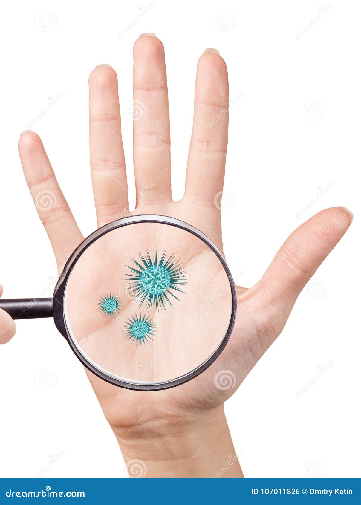 Microbes on Humans Hand Shows by Mygnifying Glass. 3D Rendering Stock ...