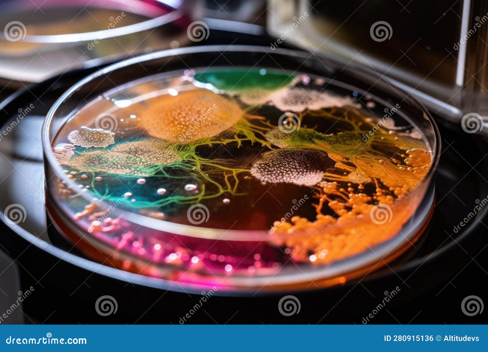 Microbial Culture Growing In Petri Dish With Colored Overlay Stock ...