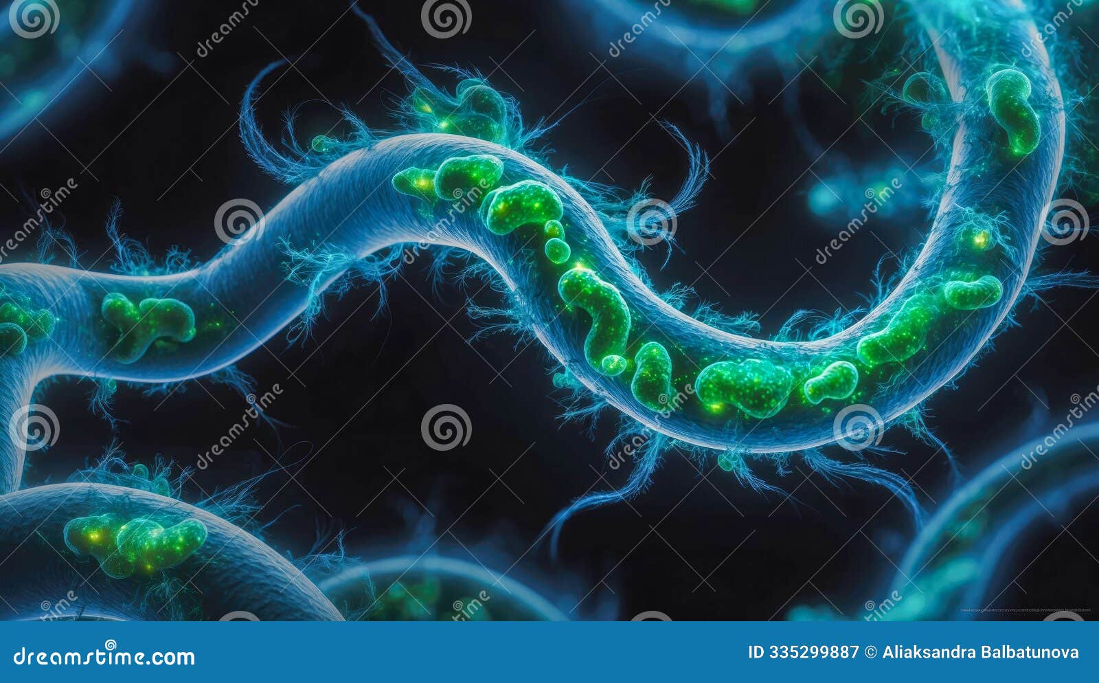 Microbial Organisms Under a Microscope, Glowing in Neon Green and Blue ...
