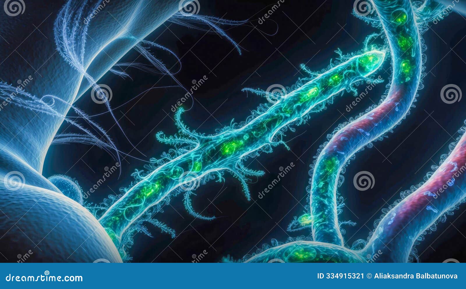 Microbial Organisms Under a Microscope, Glowing in Neon Green and Blue ...