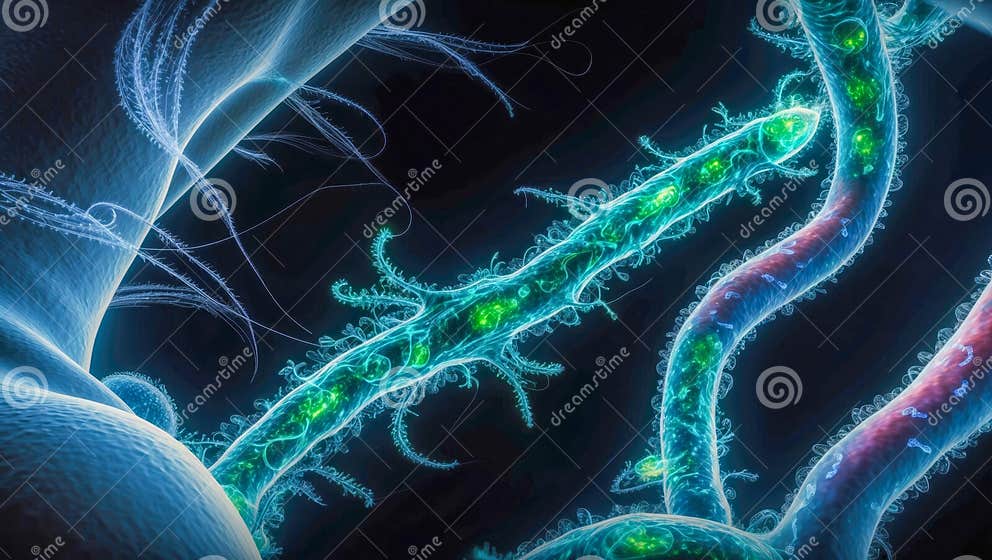 Microbial Organisms Under a Microscope, Glowing in Neon Green and Blue ...