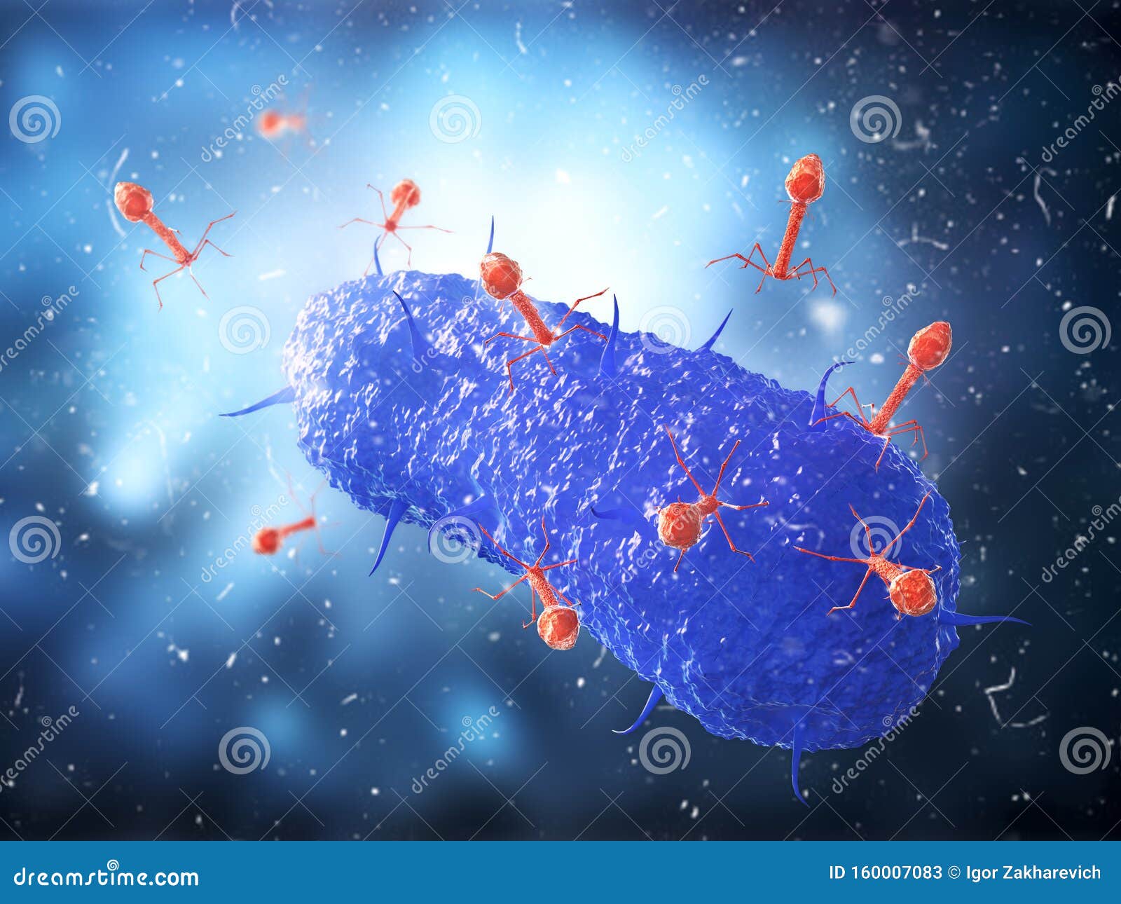 Microbiology Concept. Bacteriophages Attack Cell on a Blurred ...