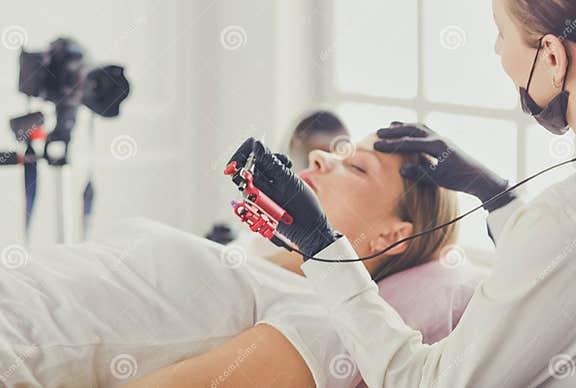 Microblading Eyebrows Work Flow in a Beauty Salon. Stock Image - Image ...
