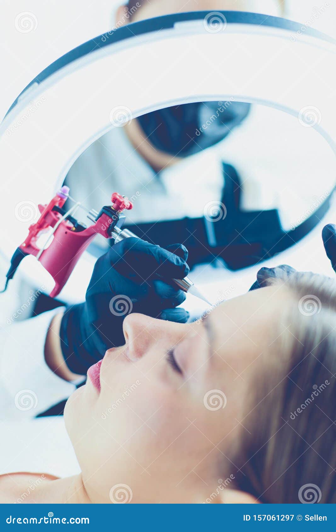 Microblading Eyebrows Work Flow in a Beauty Salon. Woman Having Her Eye ...