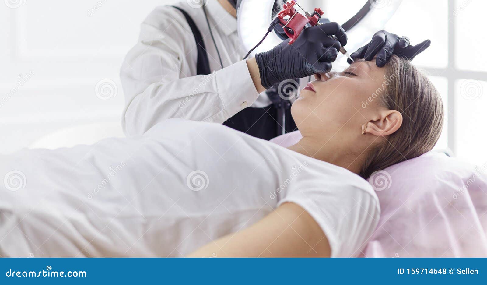 Microblading Eyebrows Work Flow in a Beauty Salon. Woman Having Her Eye ...