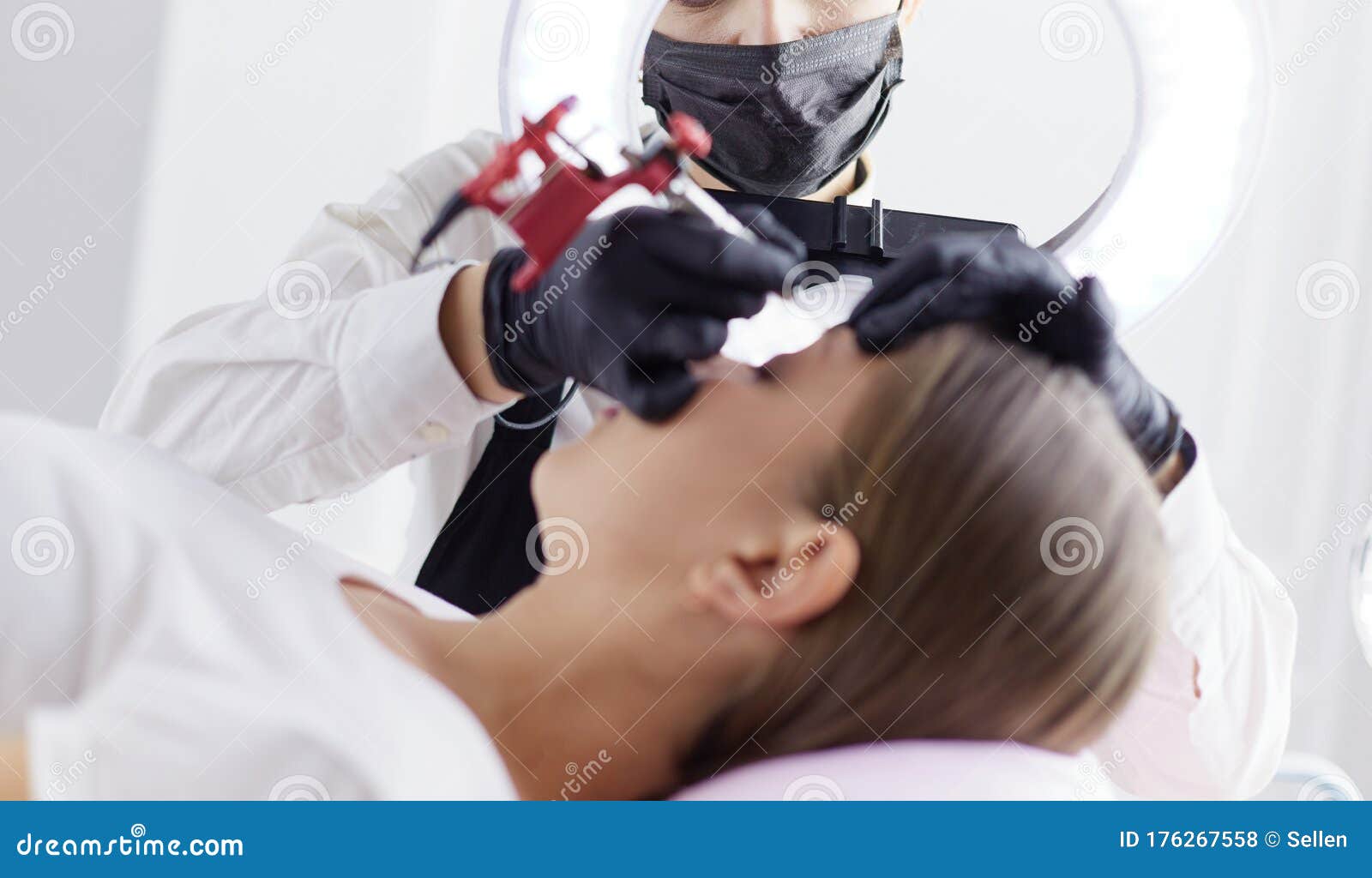 Microblading Eyebrows Work Flow in a Beauty Salon. Woman Having Her Eye ...