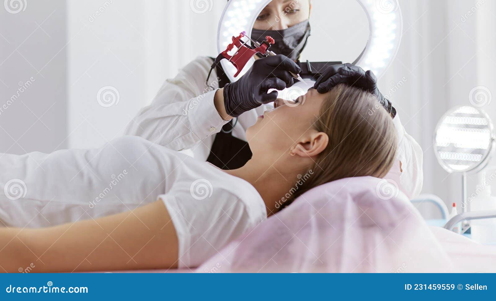 Microblading Eyebrows Work Flow in a Beauty Salon. Woman Having Her Eye ...