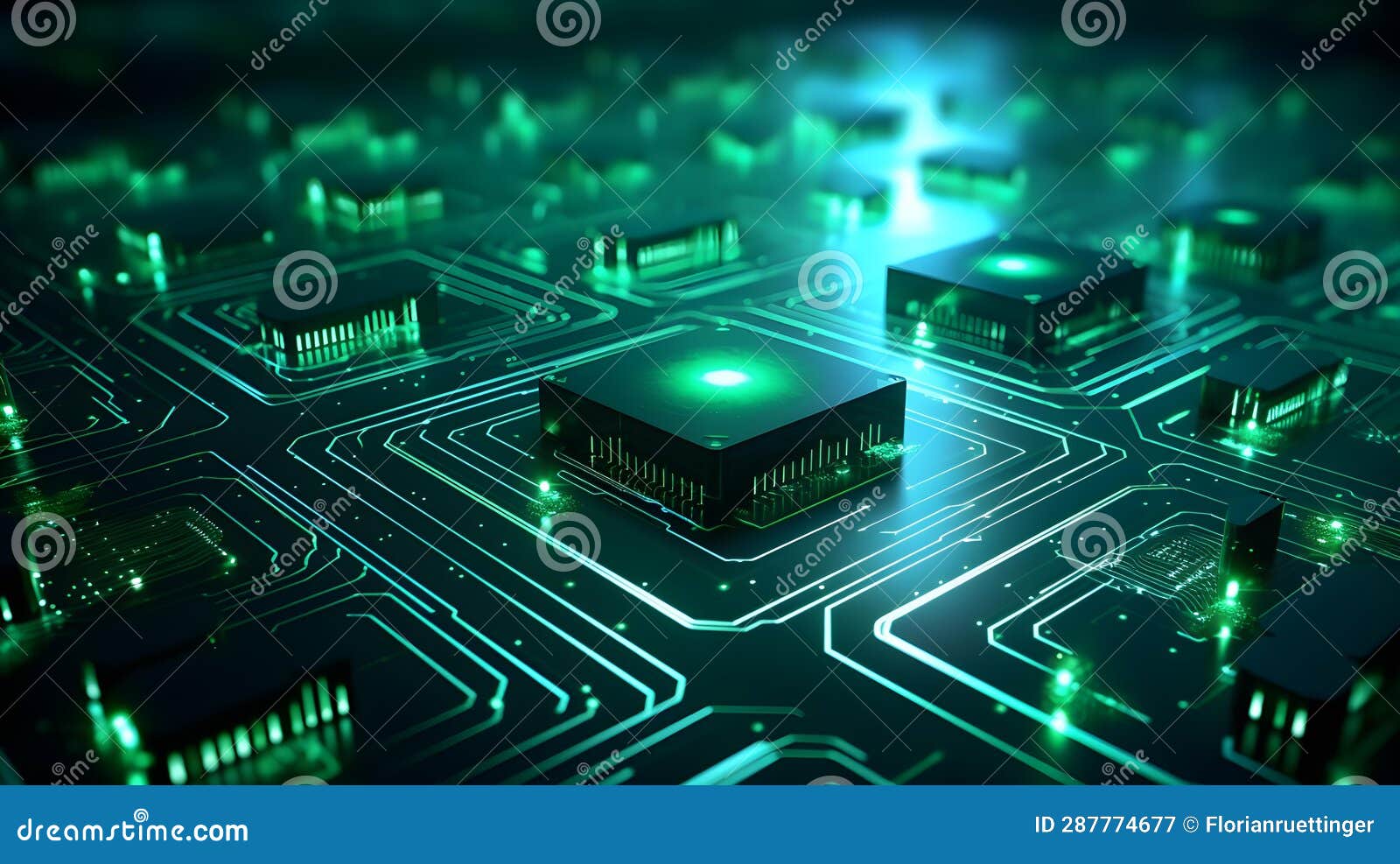 Microchip Glowing in Emerald Colors. Technological and Futuristic ...