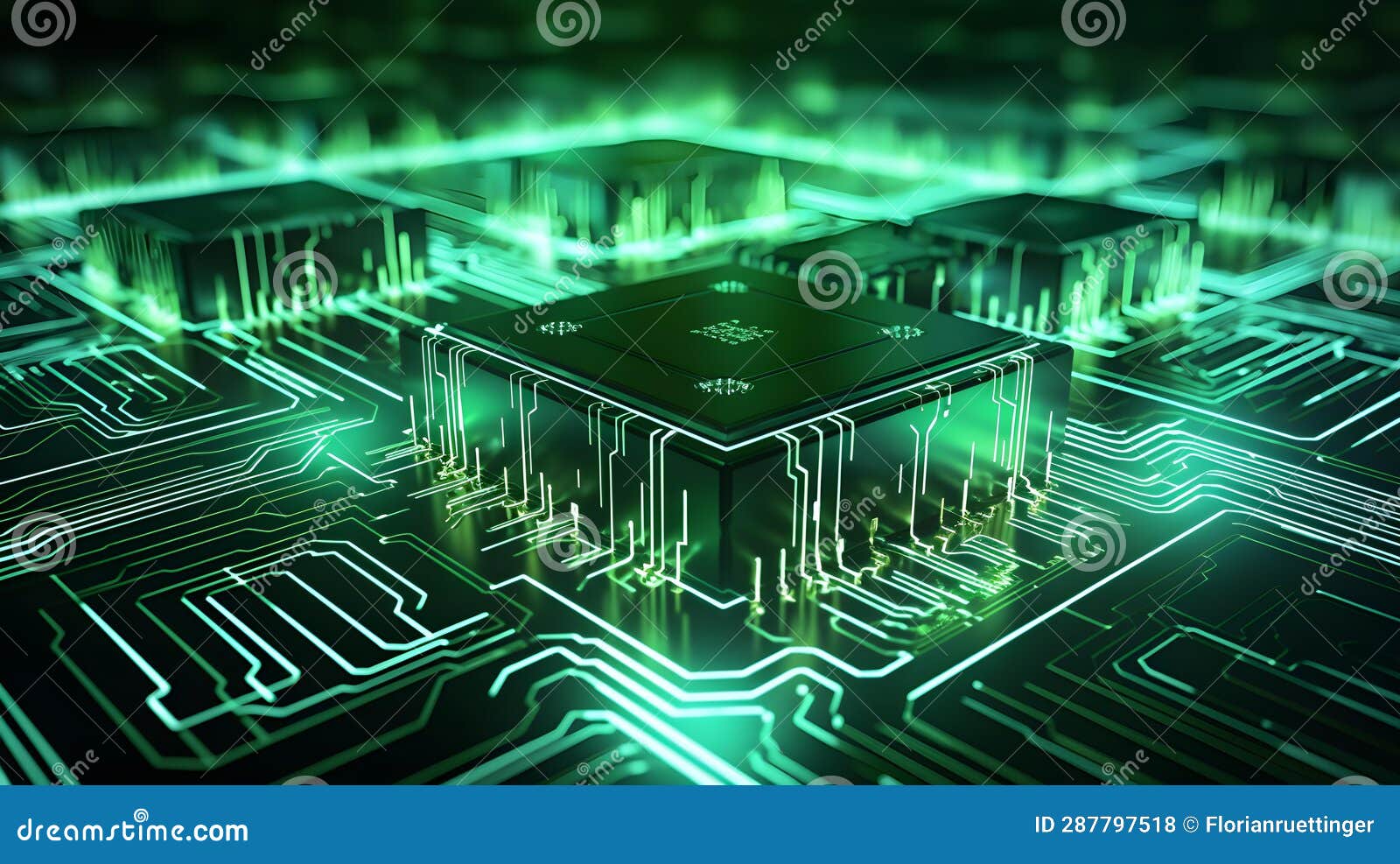 Microchip Glowing in Light Green Colors. Technological and Futuristic ...