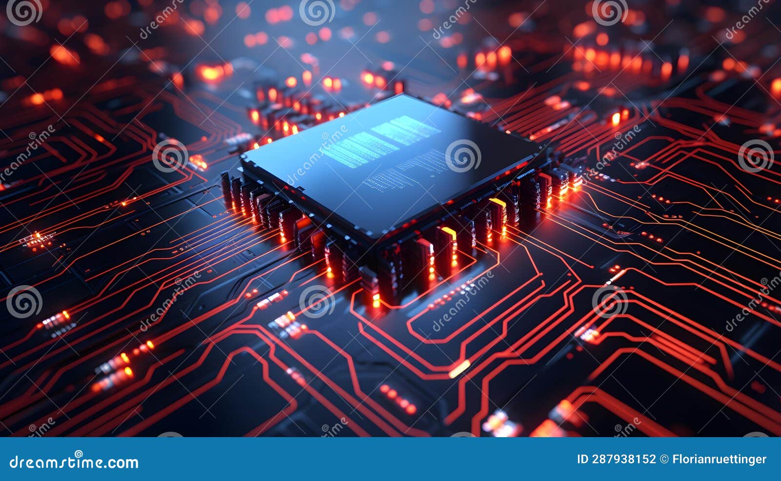 Microchip Glowing in Red Colors. Technological and Futuristic ...
