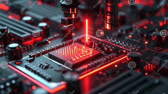 A Microchip Being Programmed by an AI Algorithm within a Manufacturing Machine Ensuring Accurate ...