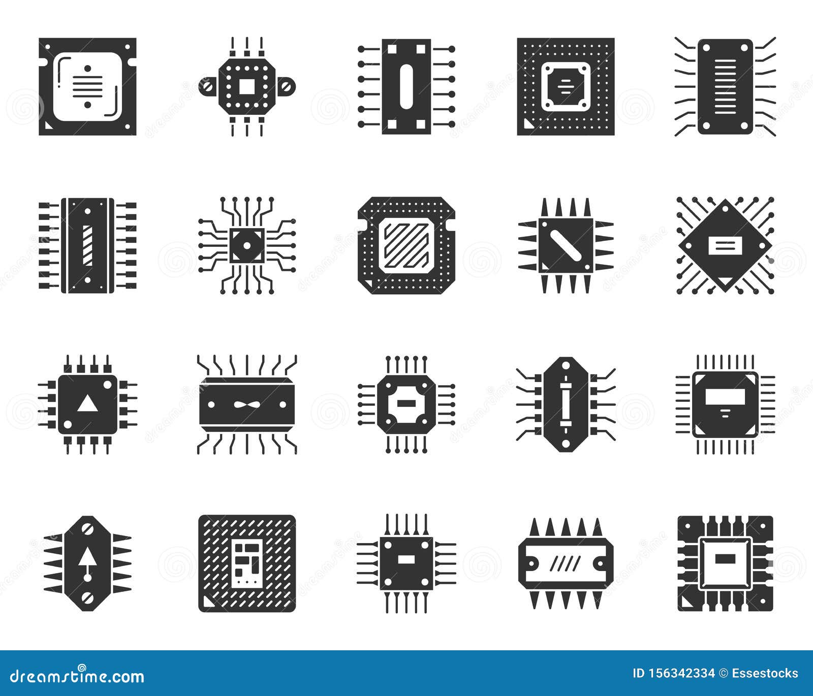 Microchip Black Silhouette Icons Cpu Vector Set Stock Vector