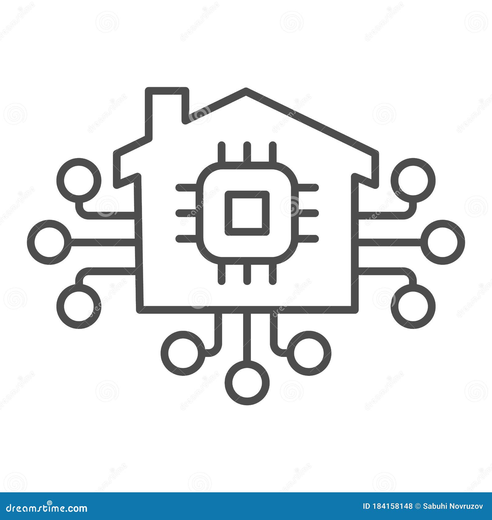 Microchip in Building and Connections Thin Line Icon, Smart Home ...