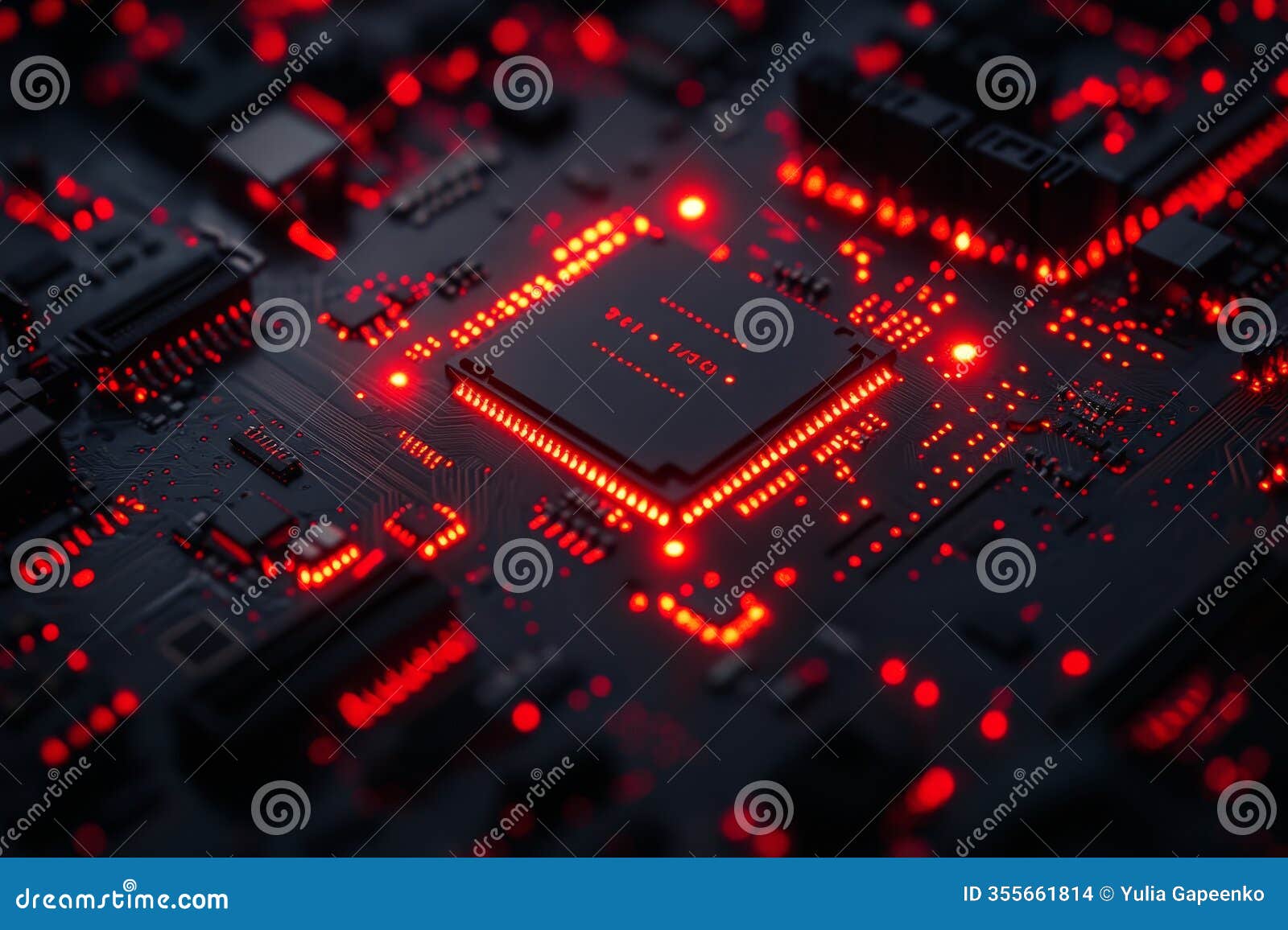Microchip Circuit Board Glowing with Bright Red Lights in a Dark ...