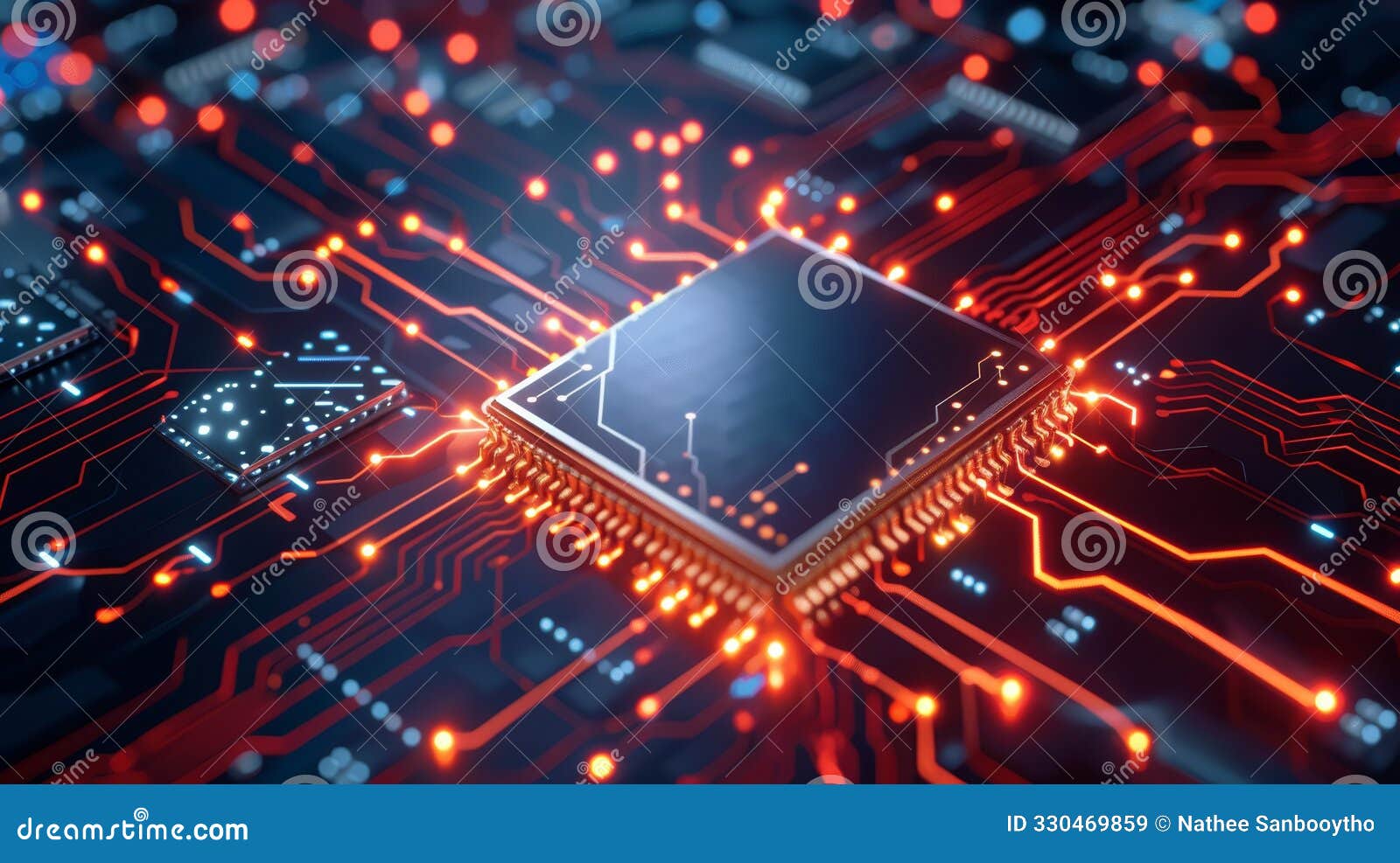 Microchip on Circuit Board with Glowing Red Lines Stock Illustration ...