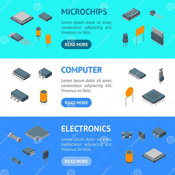 Microchip Computer Electronic Components Banner Horizontal Set Isometric View. Vector Stock ...