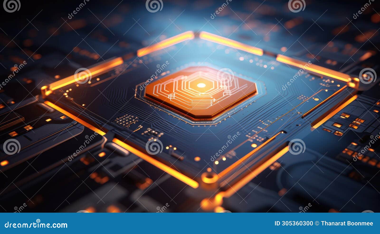 Microchip Concept Illuminated by Vibrant Orange Lights, Signifying ...