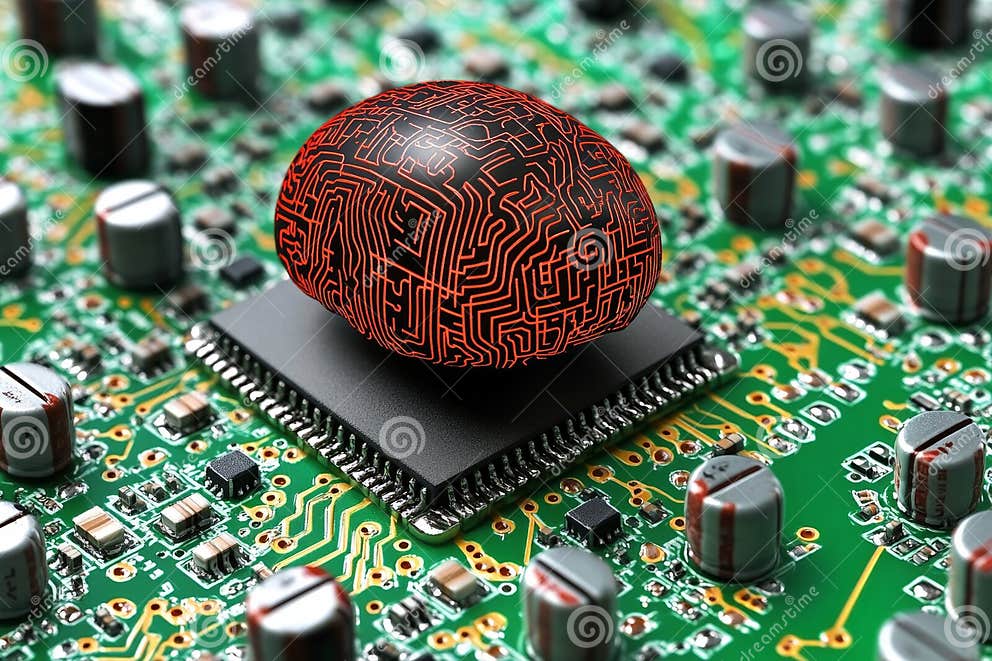 Microchip Embedded Glowing Red Brain Design Set on Circuit Board Representing AI Powered ...