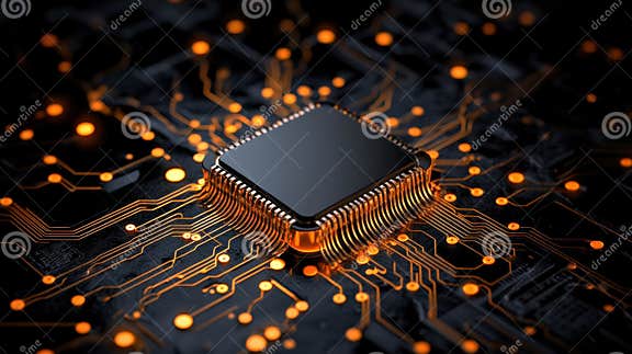 Microchip with Glowing Circuit Connections on Dark Background Stock ...