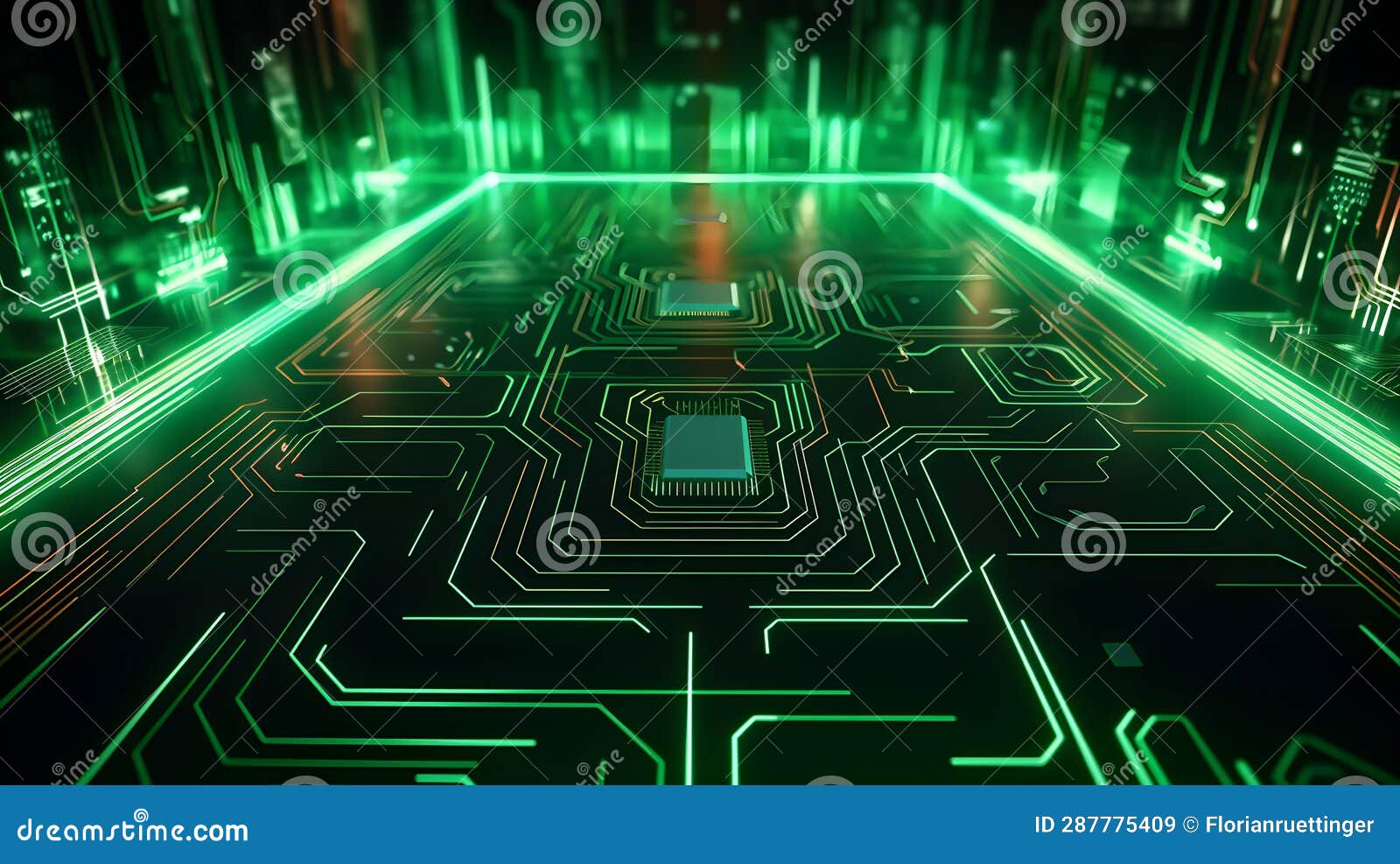 Microchip Glowing in Green Colors. Technological and Futuristic ...