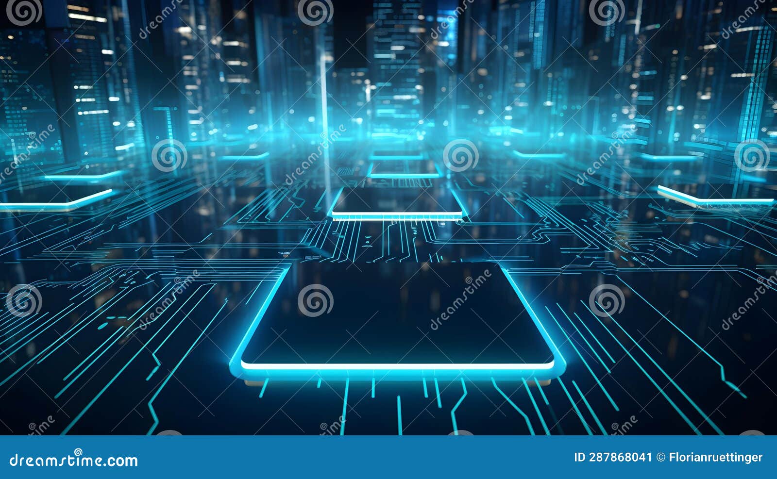 Microchip Glowing in Turquoise Colors. Technological and Futuristic ...