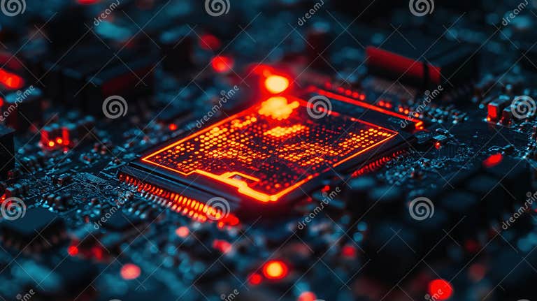 Close-up of a Glowing Microchip on Circuit Board Surrounded by ...