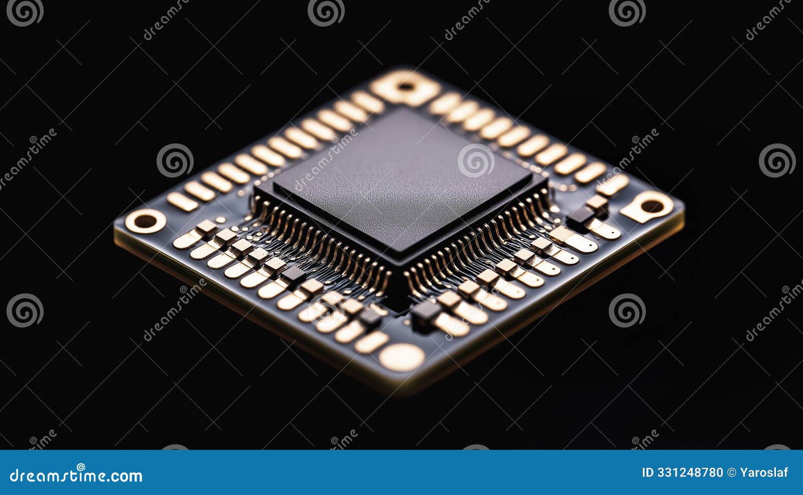 Microchip with Gold Connectors and Intricate Circuitry on Black ...