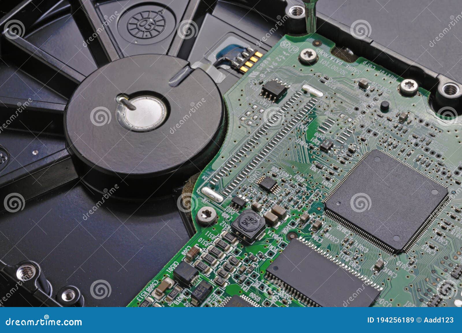 Microchip of a hard drive. stock image. Image of hardware - 194256189