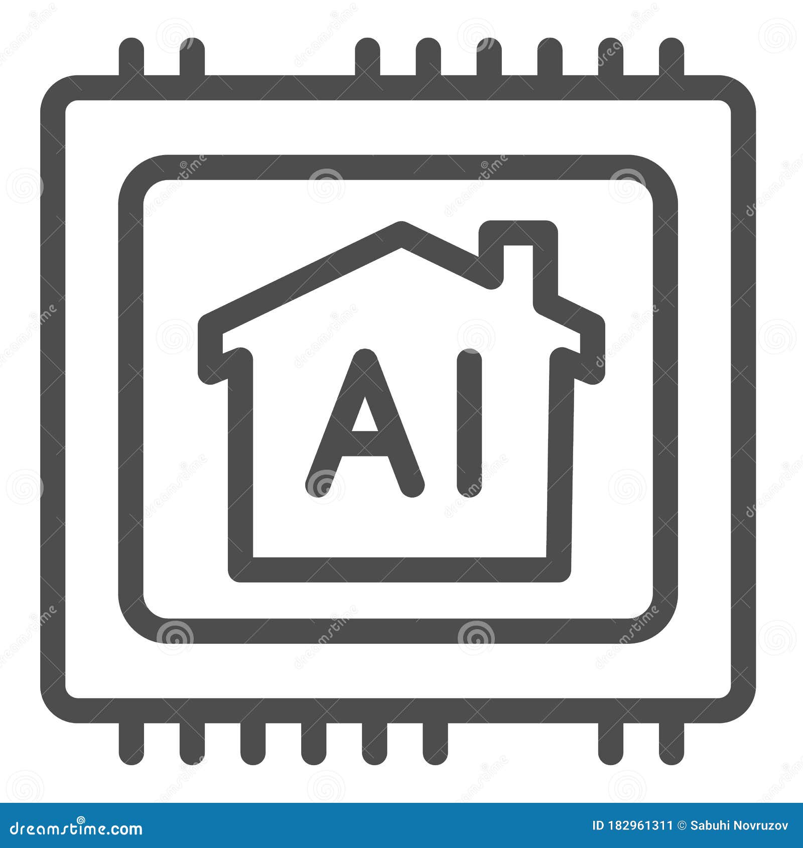 Microchip with House for Artificial Intelligence Line Icon, Smart Home ...